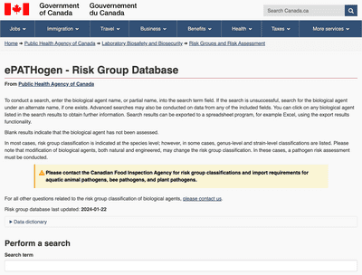 ePATHogen Risk Group Database | Biosecurity Central